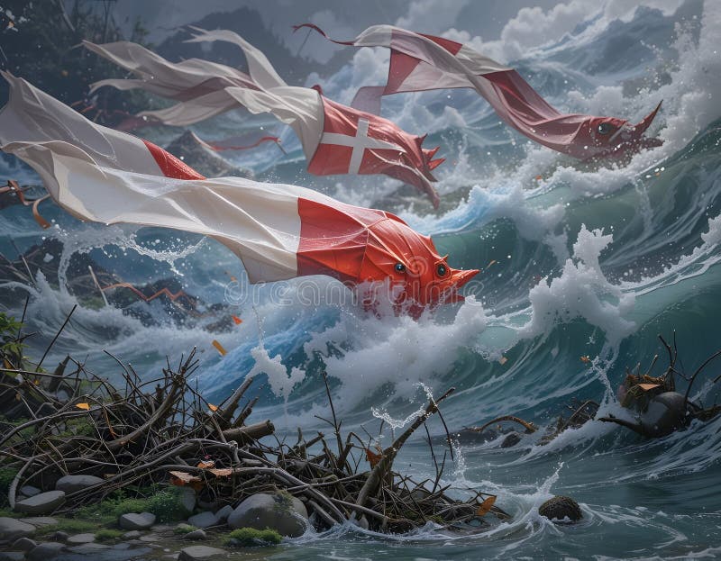 Abstract Sea Creature Flags Riding Ocean Waves on a Stormy Day Stock ...