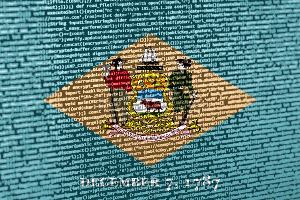 Flag of Delaware Over Digital Code. Concept of Cybersecurity ...