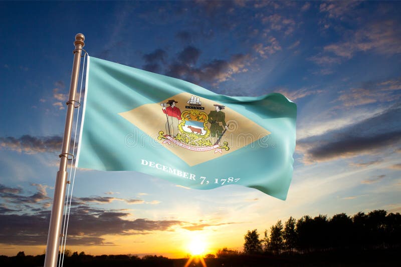Flag of Delaware Waving in the Wind Against the Sunset Stock ...