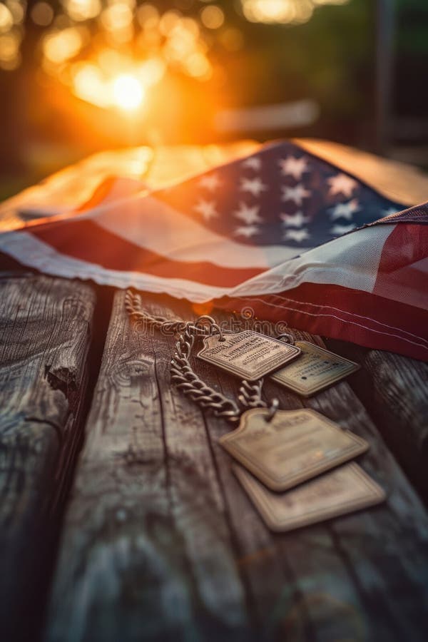 Flag and Dog Tags on Wooden Surface, Sunset, Shallow Depth of Field ...
