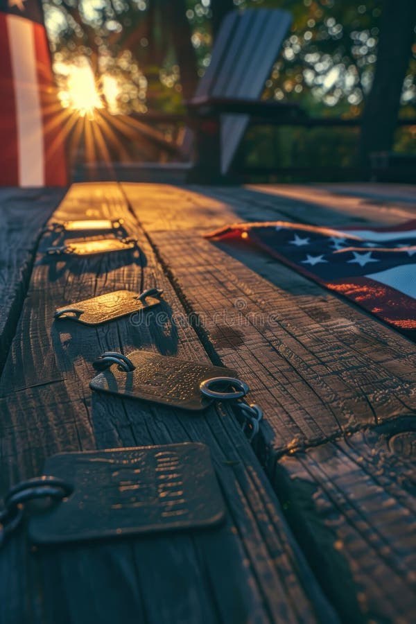 Flag and Dog Tags on Wooden Surface, Sunset, Shallow Depth of Field ...