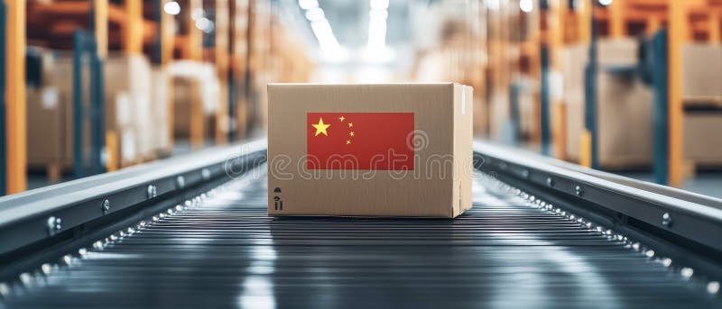 Flag-enhanced Parcel Glides Effortlessly on a Conveyor Belt in a ...