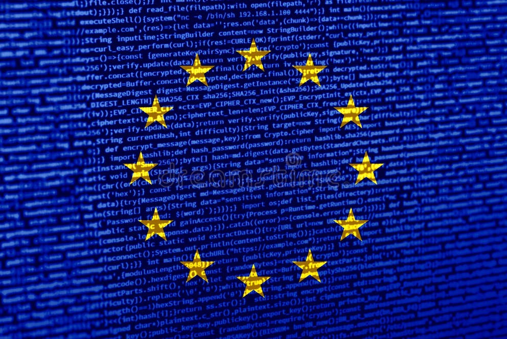 Flag of Europe Over Digital Code. Concept of Cybersecurity, Innovation ...