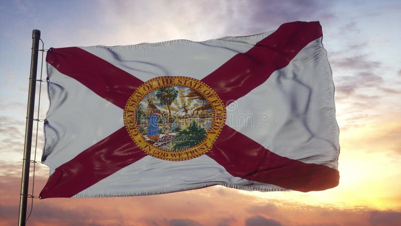 Flag of Florida Waving in the Wind Against Deep Beautiful Sky at Sunset ...