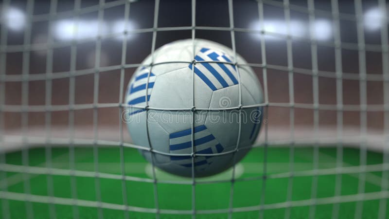 Football with Flags of Greece Hits Goal Net. 3D Rendering Stock ...