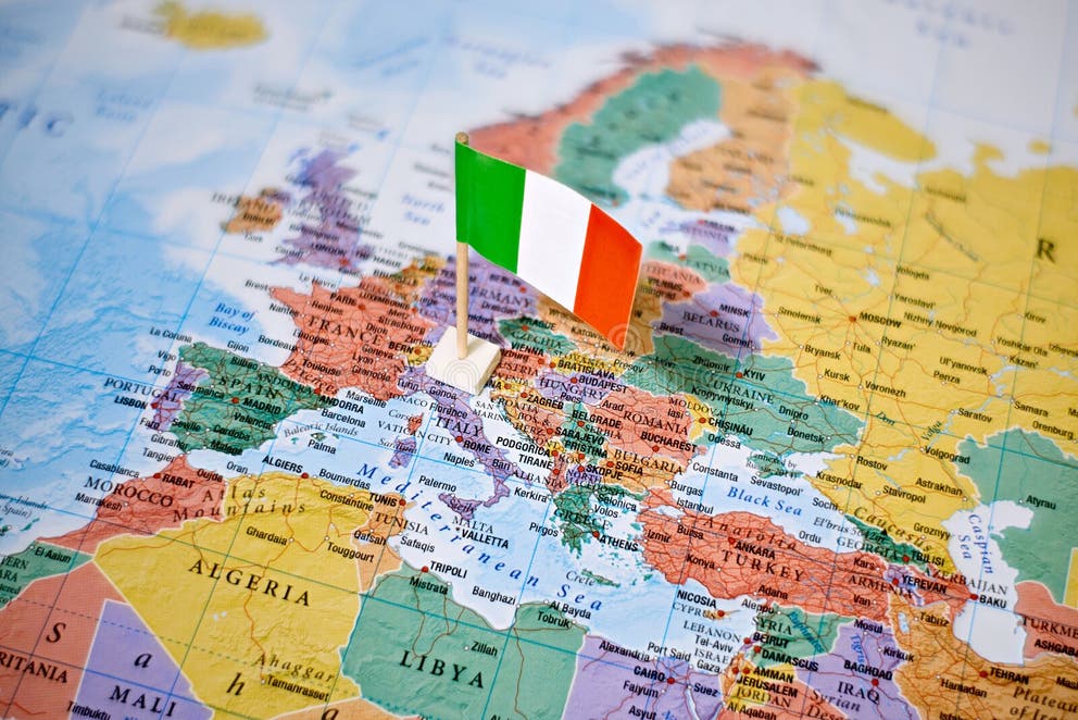 Italy on World Map with Flag Stock Photo - Image of place, location ...