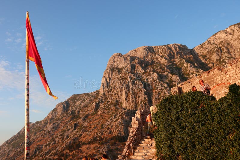 Flag in Kotor Fortress Spiljari, Montenegro Stock Photo - Image of ...