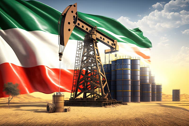 Flag Kuwait Barrels Oil Jack Pump Oil Kuwait Extraction Production Oil ...