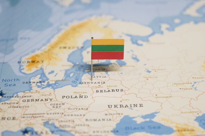 The Flag of Lithuania in the World Map Stock Photo - Image of arrival ...