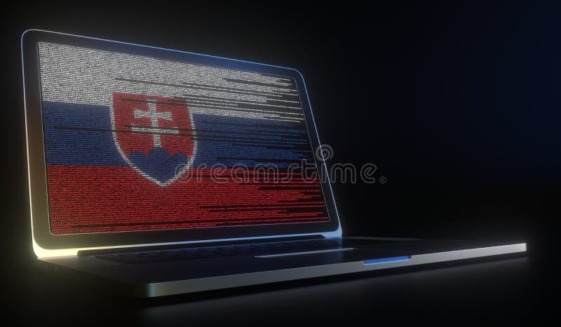 Open Laptop and Computer Code on the Screen Composing Flag of Slovakia ...