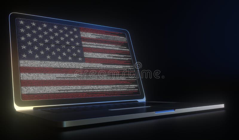 Open Laptop and Computer Code on the Screen Composing Flag of the USA ...