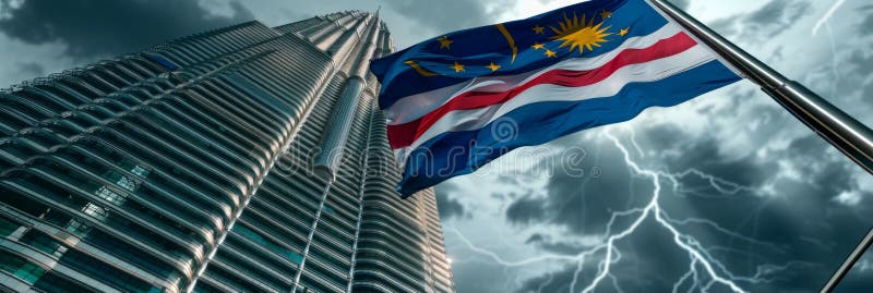 Flag of Malaysia Proudly Waves in Front of a Modern Skyscraper ...