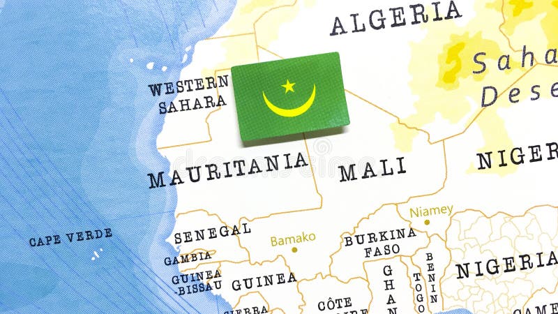 The Flag of Mauritania in the World Map Stock Photo - Image of cities ...
