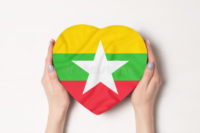 Flag of Myanmar on a Heart Shaped Box in a Female Hands. White ...