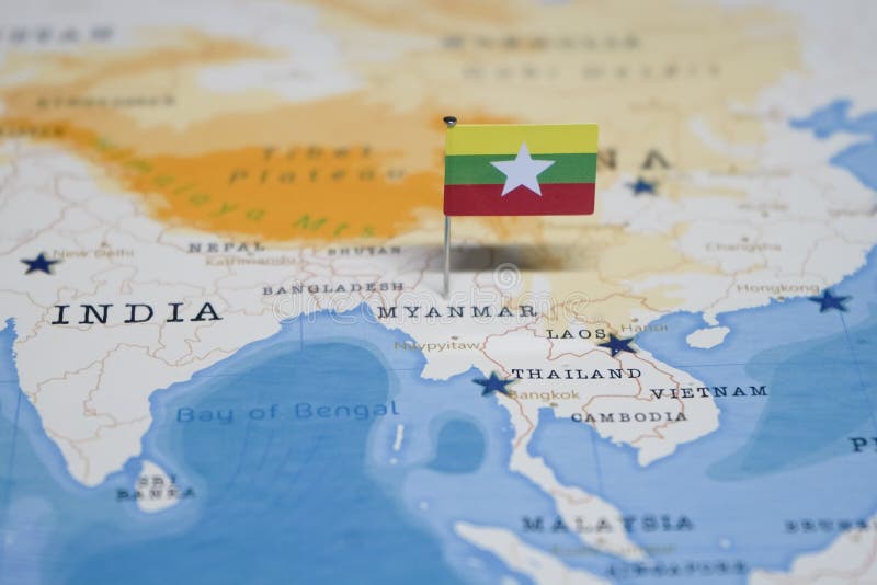 The Flag of Myanmar in the World Map Stock Photo - Image of paper ...