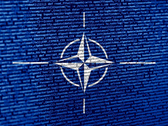 Flag of NATO Over Digital Code. Concept of Cybersecurity, Innovation ...
