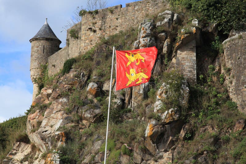 Flag of Normandy Outside of the Mont-Saint-Michel Stock Photo - Image ...