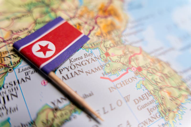 Flag of North Korea Close-up on the Map. the Capital Pyongyang. Close ...