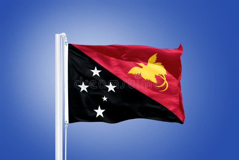 Flag of Papua New Guinea Flying Against a Blue Sky Stock Photo - Image ...