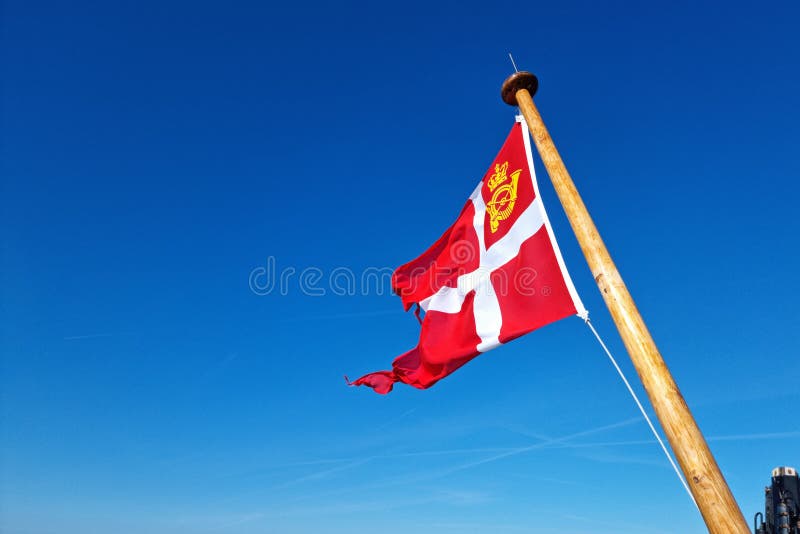 Flag of Post Danmark Flutter in the Blue Sky Background Stock Image ...