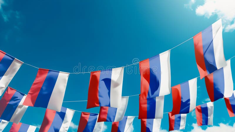 Flag of Russia Against the Sky, Flags Hanging Vertically Stock ...