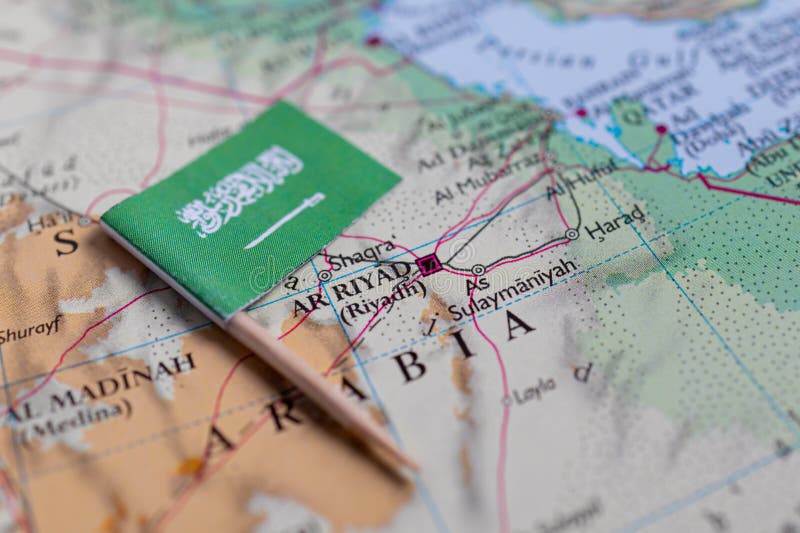 Flag of Saudi Arabia Close-up on the Map. Capital Riyadh. Close-up of ...