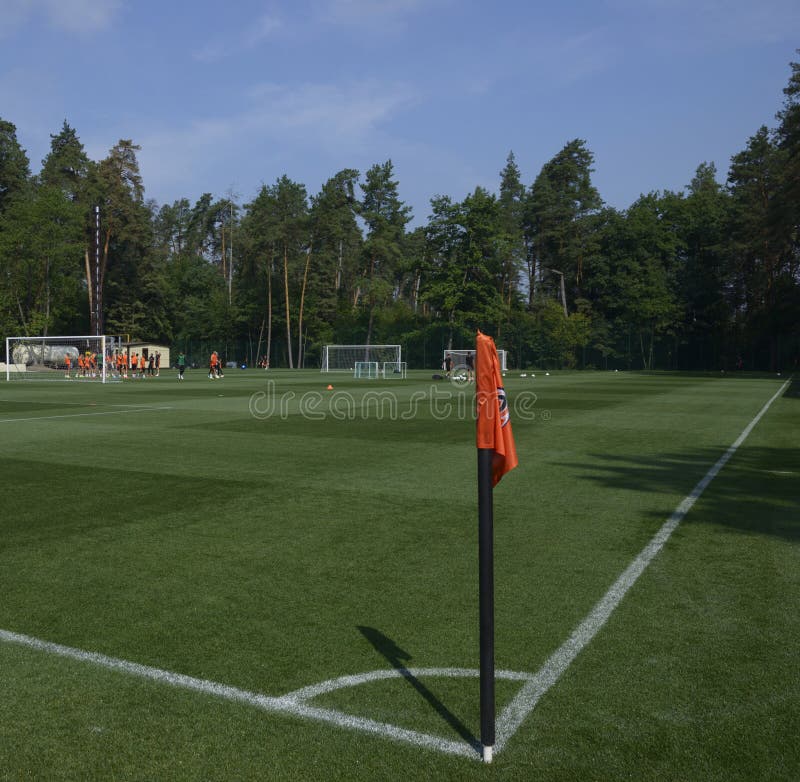 Flag Set on a Corner of a Football Field, People Training on a ...