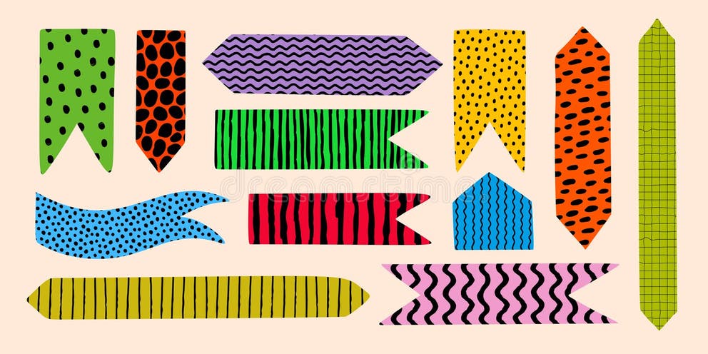 Flag Shape Sticker Set with Abstract Graphic Patterns. Torn Paper Memo ...