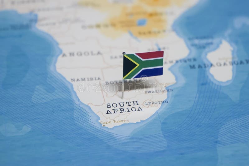 The Flag of South Africa in the World Map Stock Photo - Image of global ...