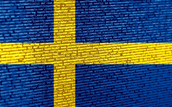 Flag of Sweden Over Digital Code. Concept of Cybersecurity, Innovation ...
