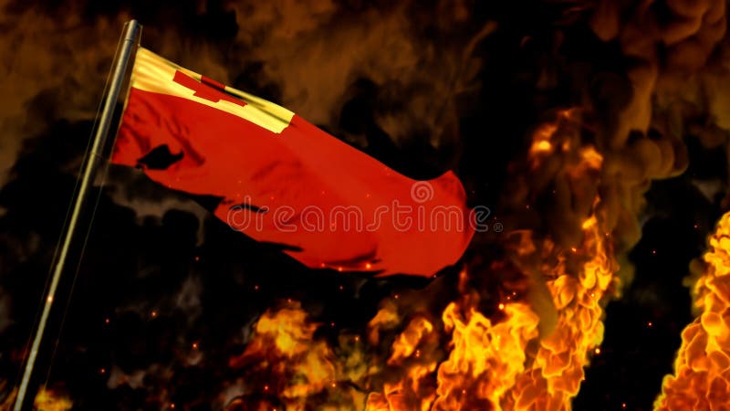 Flag of Tonga on Burning Fire Backdrop - Hard Times Concept - Abstract ...
