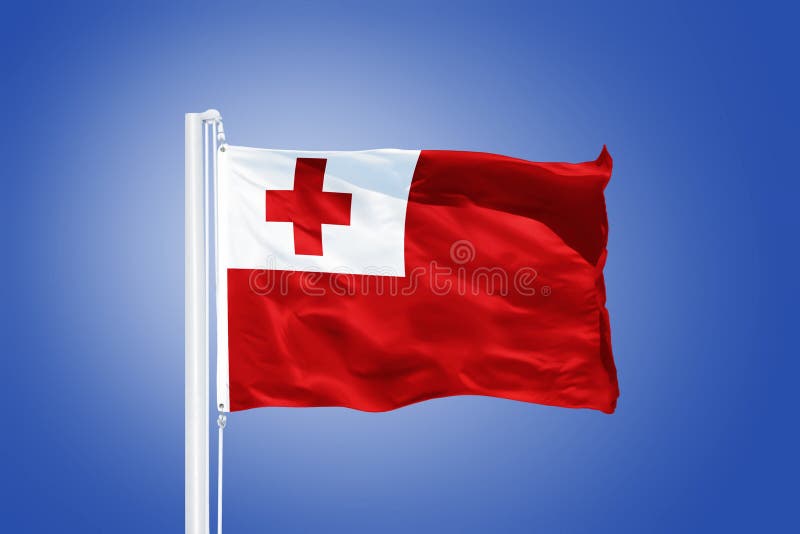 Flag of Tonga Flying Against a Blue Sky Stock Image - Image of ...