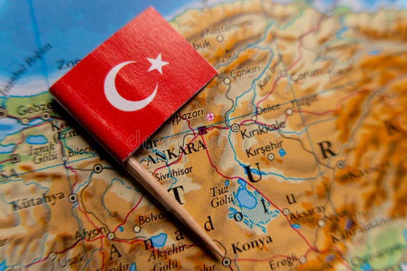 Flag of Turkey Close-up on the Map. the Capital Ankara. Close-up Map of ...