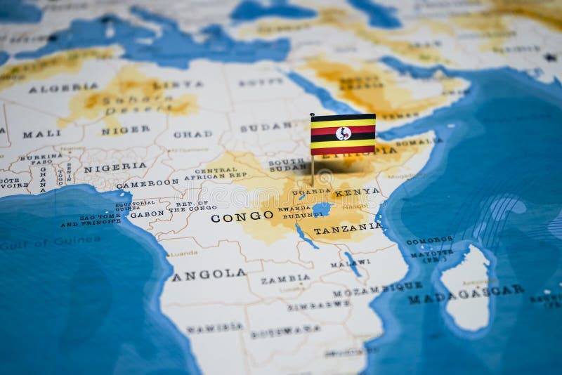The Flag of Uganda in the World Map Stock Image - Image of arrival ...