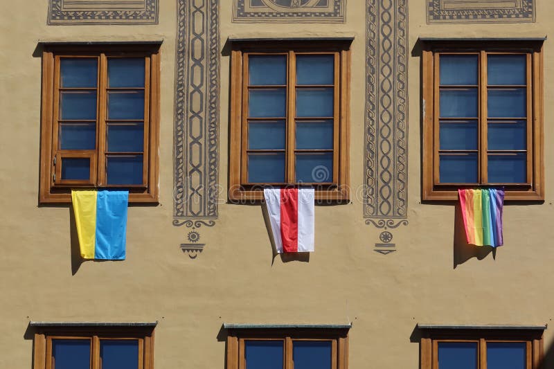 The Flag of Ukraine, Belarus and the Rainbow Pride Flag Stock Photo ...