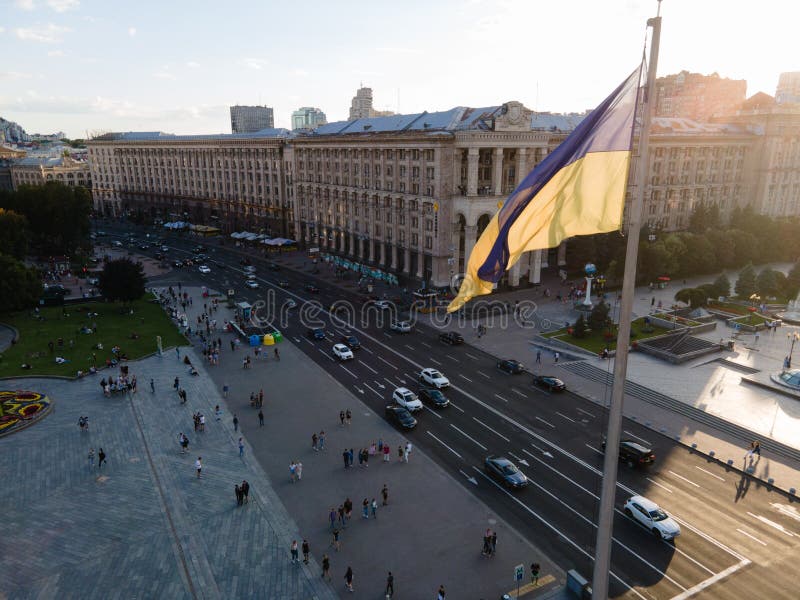 Flag of Ukraine in the Center of Kyiv. Independence Square Editorial ...