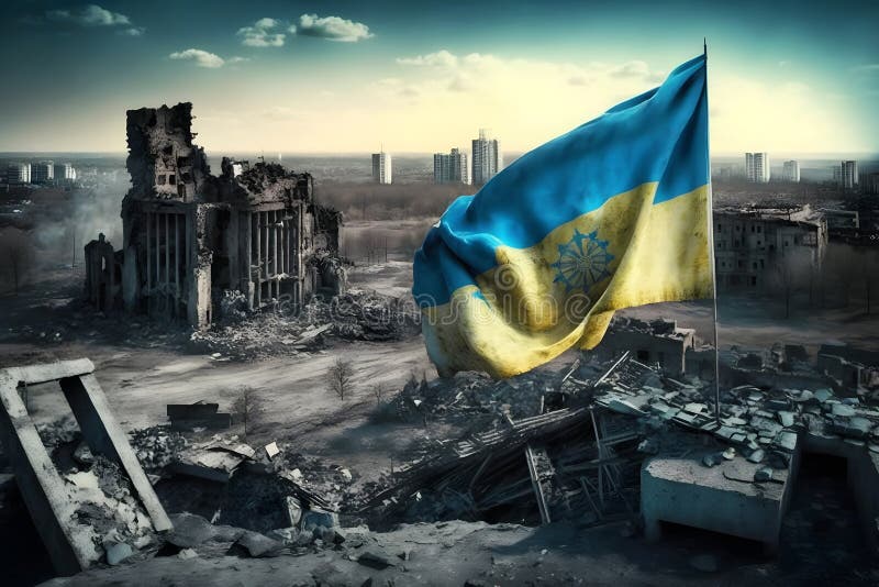 Flag of Ukraine and Destroyed Building. War Concept Stock Illustration ...