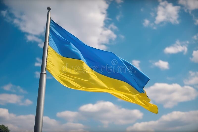 The Flag of Ukraine Flies High in a Clear Blue Sky, Creating a Striking ...
