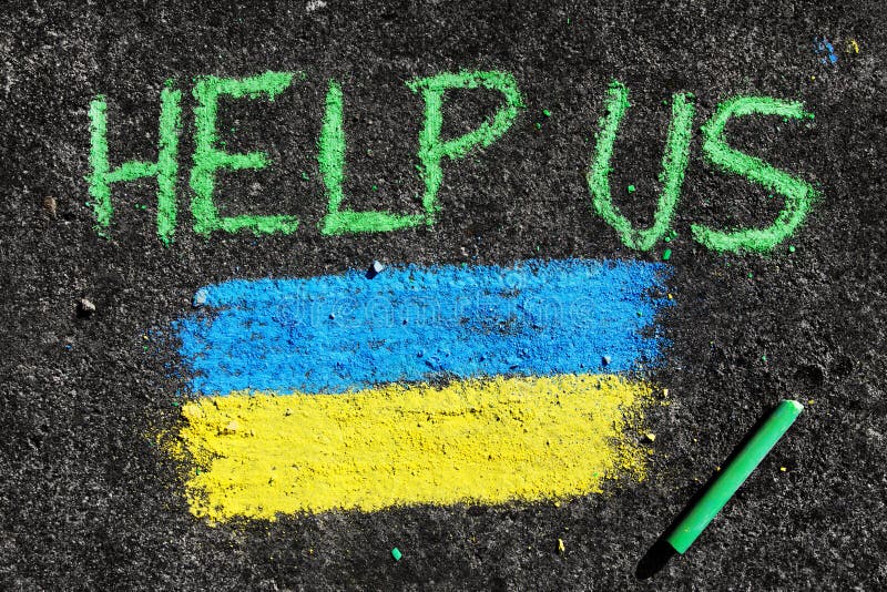 Flag of Ukraine and Text HELP US. Chalk Drawing on Sidewalk. Support ...