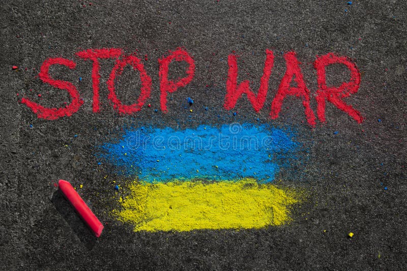 Flag of Ukraine and Text STOP WAR. Chalk Drawing on Sidewalk Stock ...