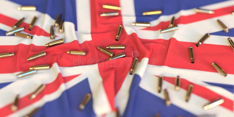 Flag of the United Kingdom and Bullet Shells. Crime or War Related 3D ...
