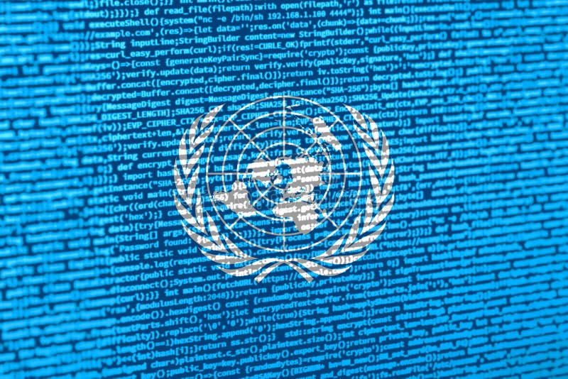 Flag of the United Nations Over Digital Code. Concept of Cybersecurity ...