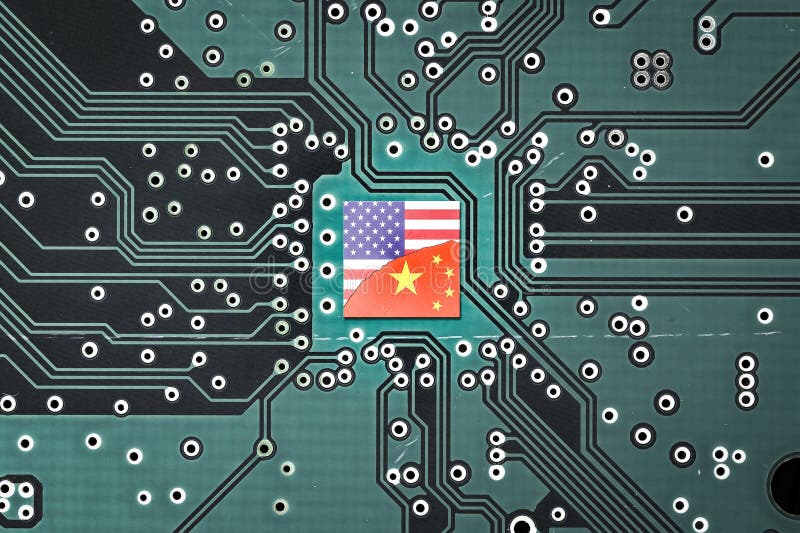 Tech War between China and the USA. Flag of USA and China on a ...