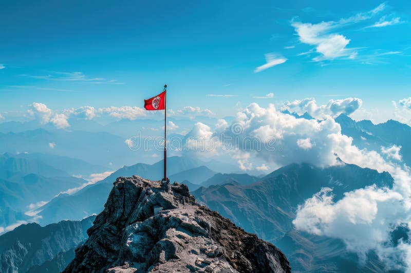 A Flag Waving on Mountain Peak Signifying Strength and Determination ...