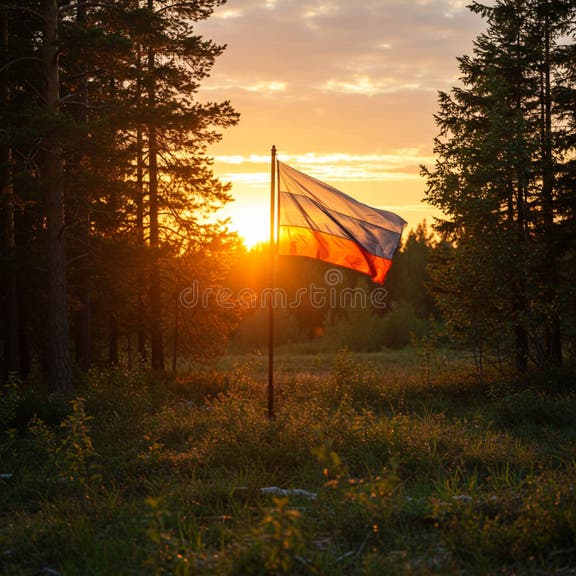 A Flag with White, Blue, and Red Horizontal Stripes is Illuminated by ...