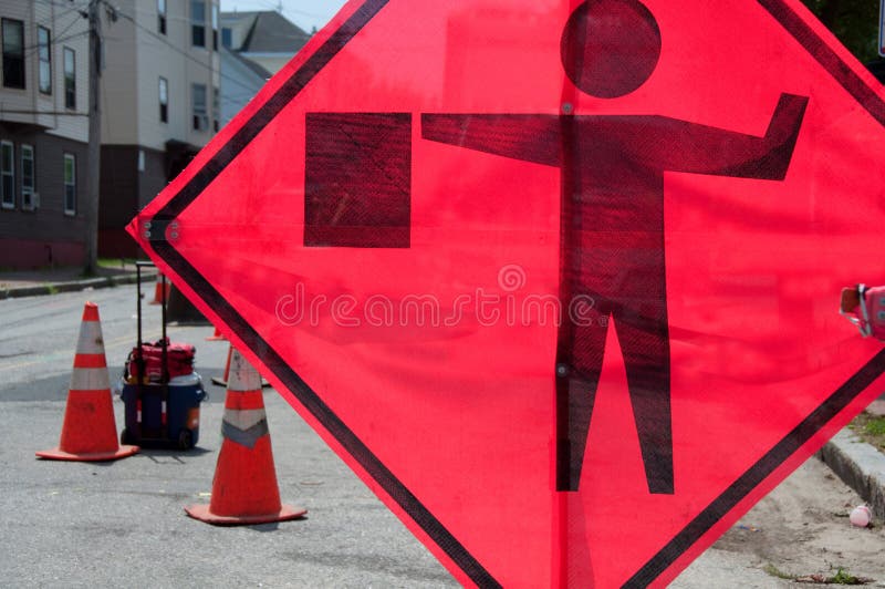 Flagman Sign at Construction Site Stock Photo - Image of screen, street ...