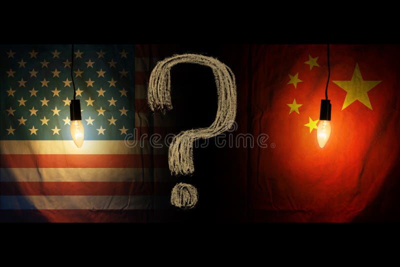 Flags of America and China Illuminated by Light Bulbs with a Question ...