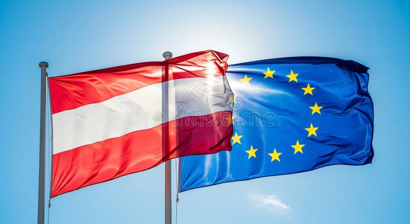 Flags of Austria and European Union Waving Proudly Against a Clear Blue ...