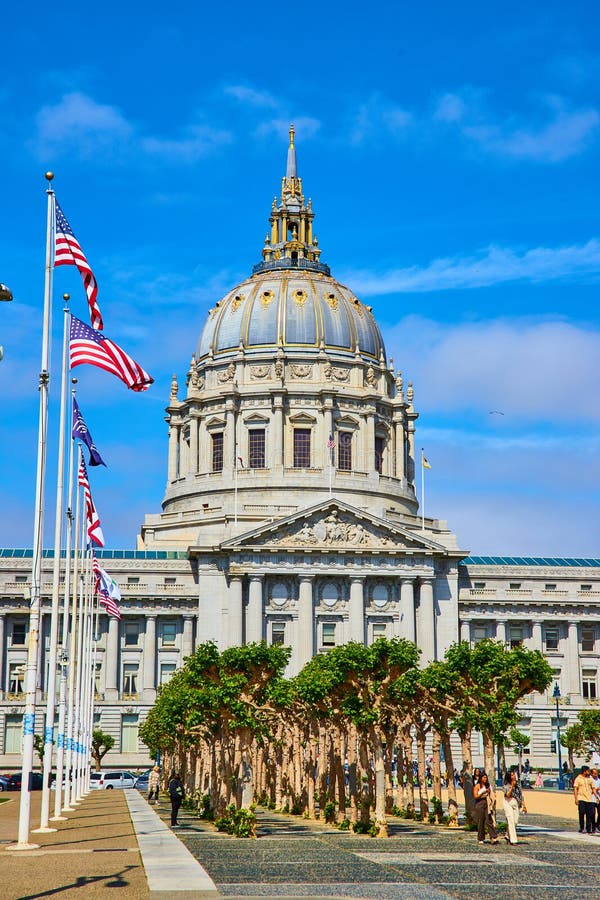 Flags Blowing in Wind in Front of City Hall on Bright Summer Day with ...