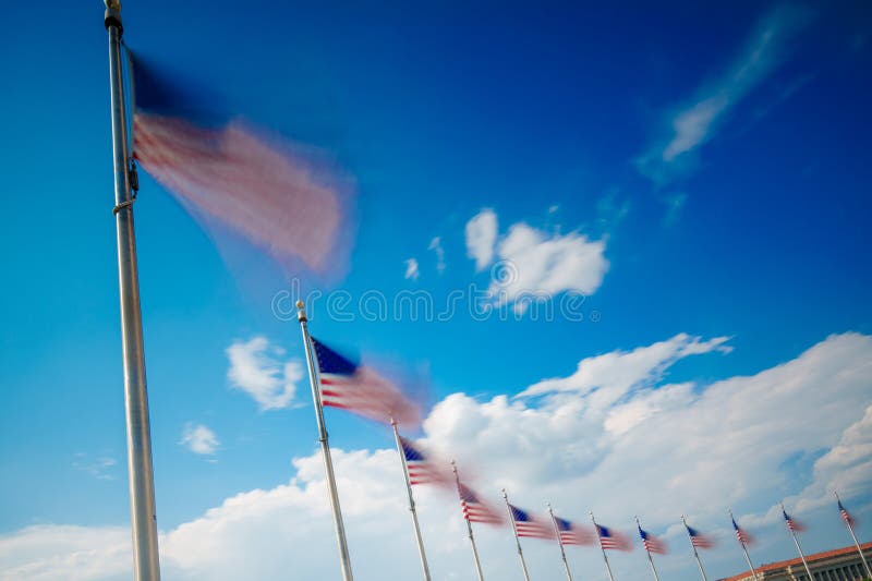 Flags Blurred by the Wind. American Flag Row Stock Photo - Image of ...